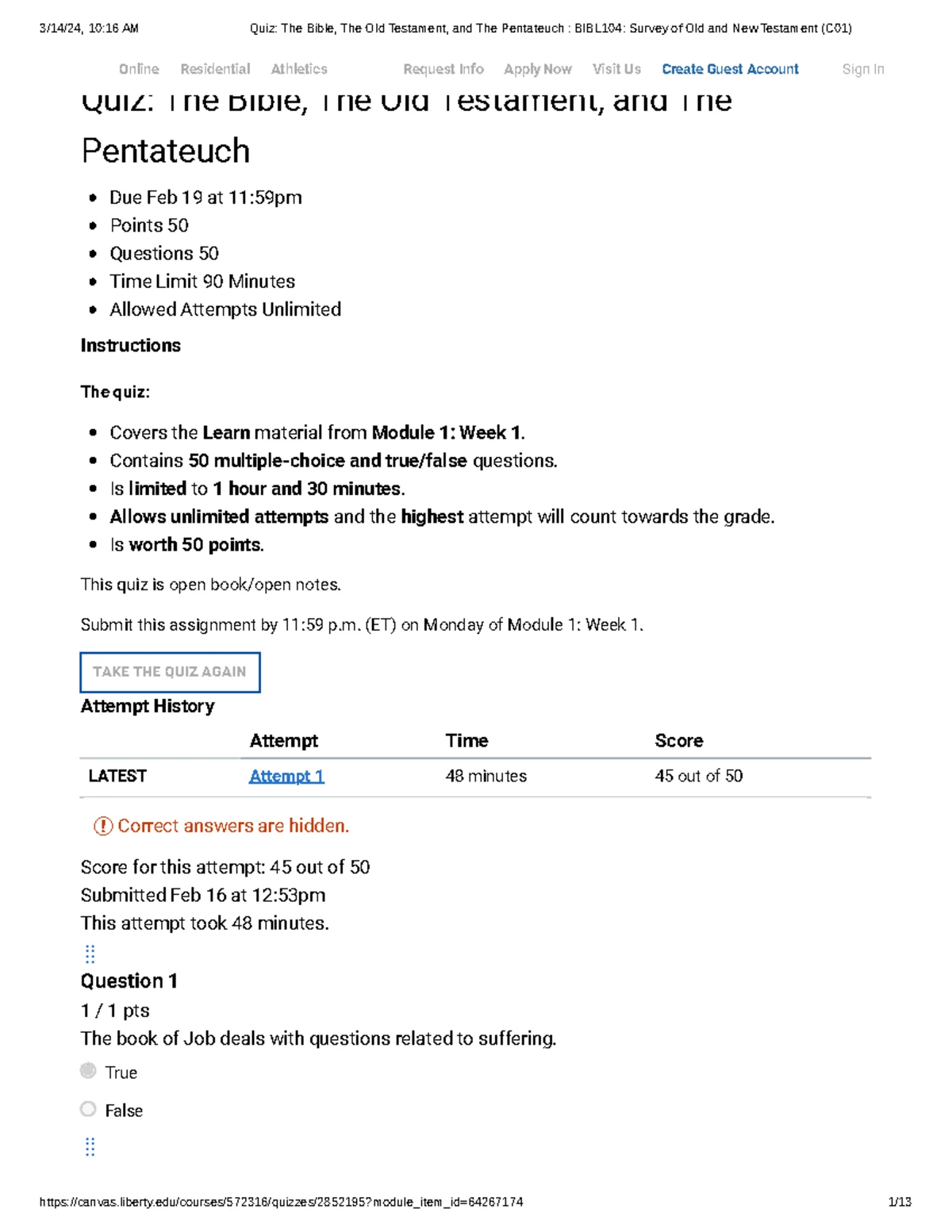 Quiz on Old Testament History - BIBL104 Survey of OT and NT (C01) - Studocu