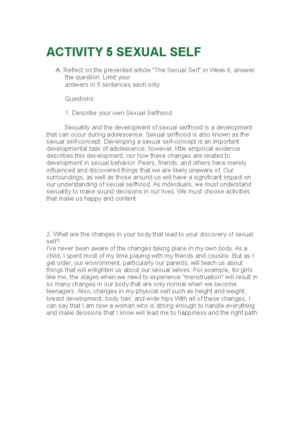 Activity 5: Evaluating My Sexual Selfhood and Development - Studocu
