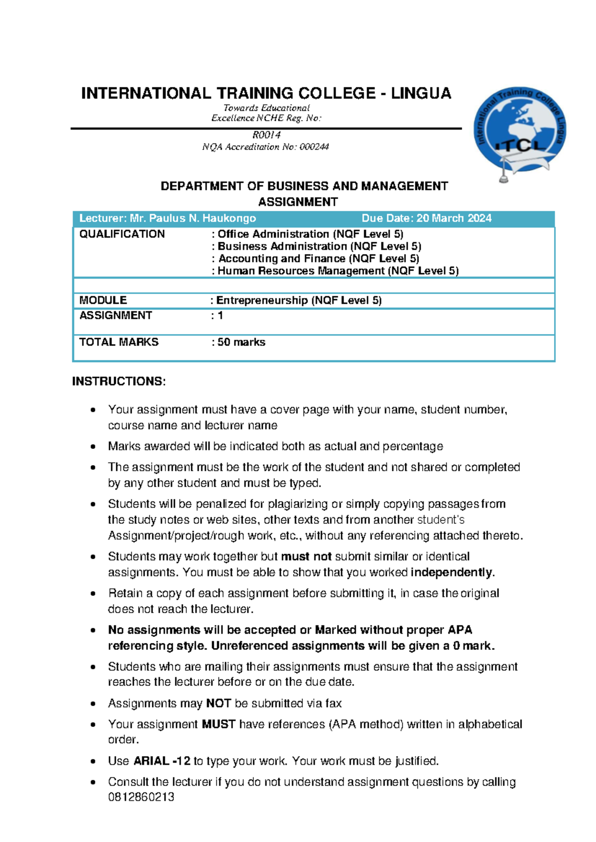 Entrepreneurship Assignment 1 (BUS-NQF5) - Guidelines and Instructions ...