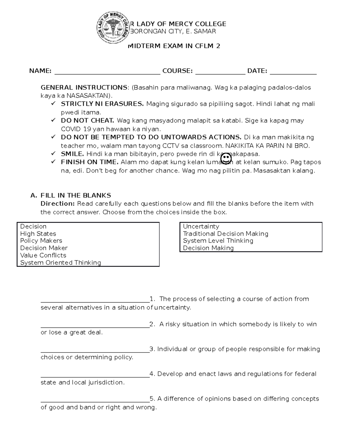 Midterm Exam Practice Materials for CFLM 2 - Our Lady of Mercy College ...