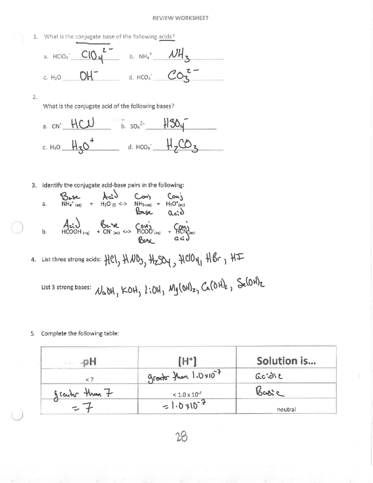Acid-Base Chemistry Overview: Review Worksheet 1 (CHEM 101) - Studocu