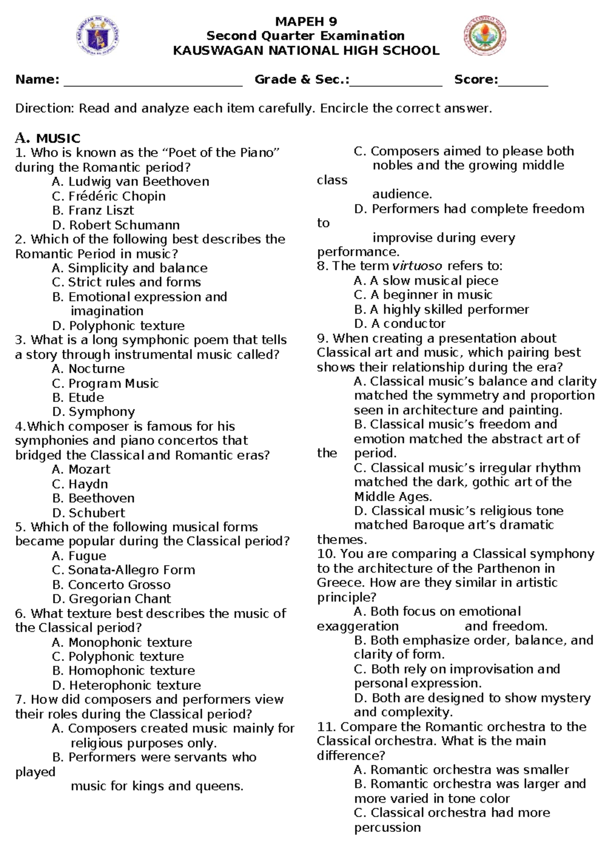 MAPEH 9 Second Quarter Exam Review and Answer Key - Studocu
