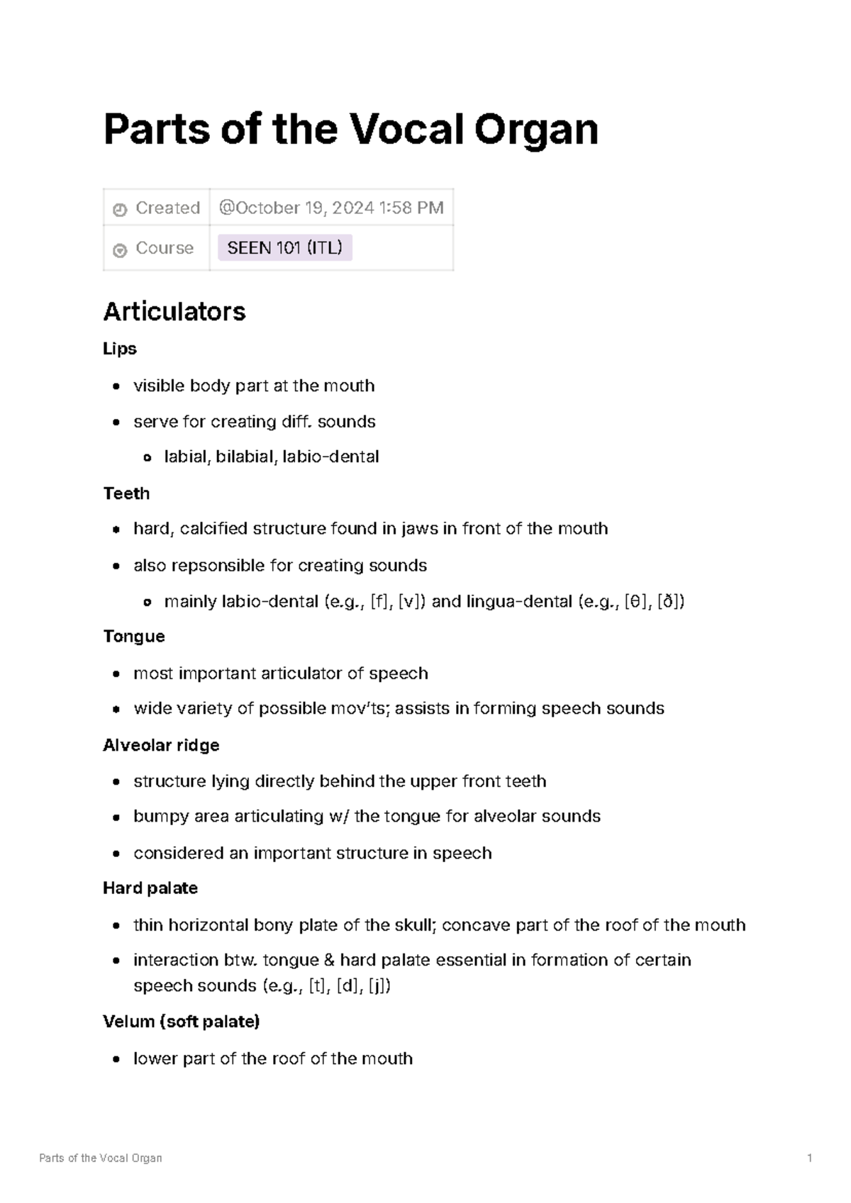 Parts of the Vocal Organ - Parts of the Vocal Organ Created Course SEEN ...