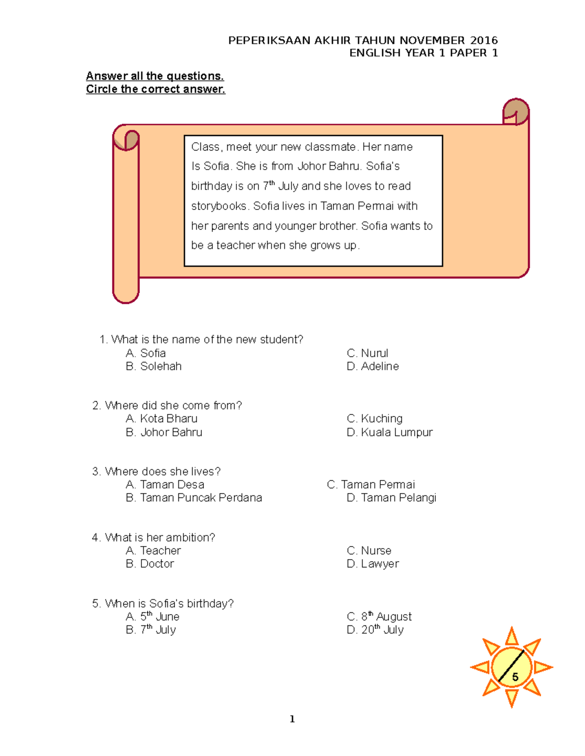 English Year 1 Paper 1 End Year Exam Questions & Answers - Studocu