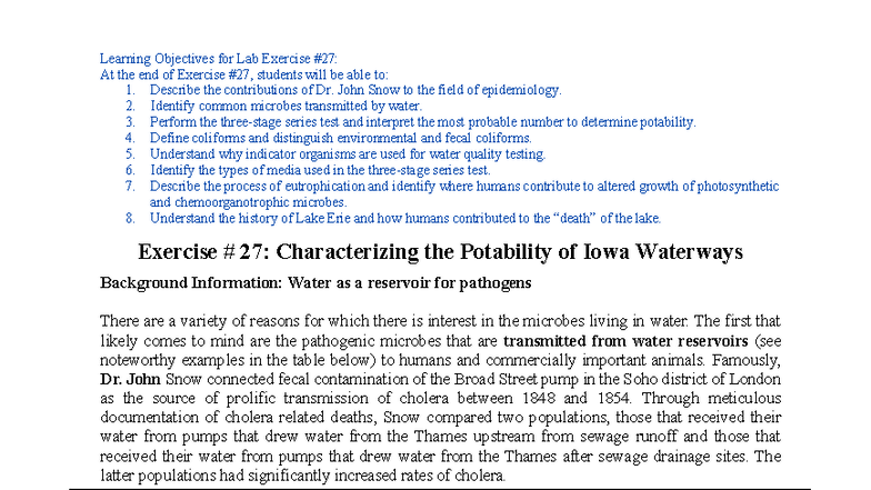 Lab Exercise 27: Water Microbiology and Potability Testing (MICR:2158 ...
