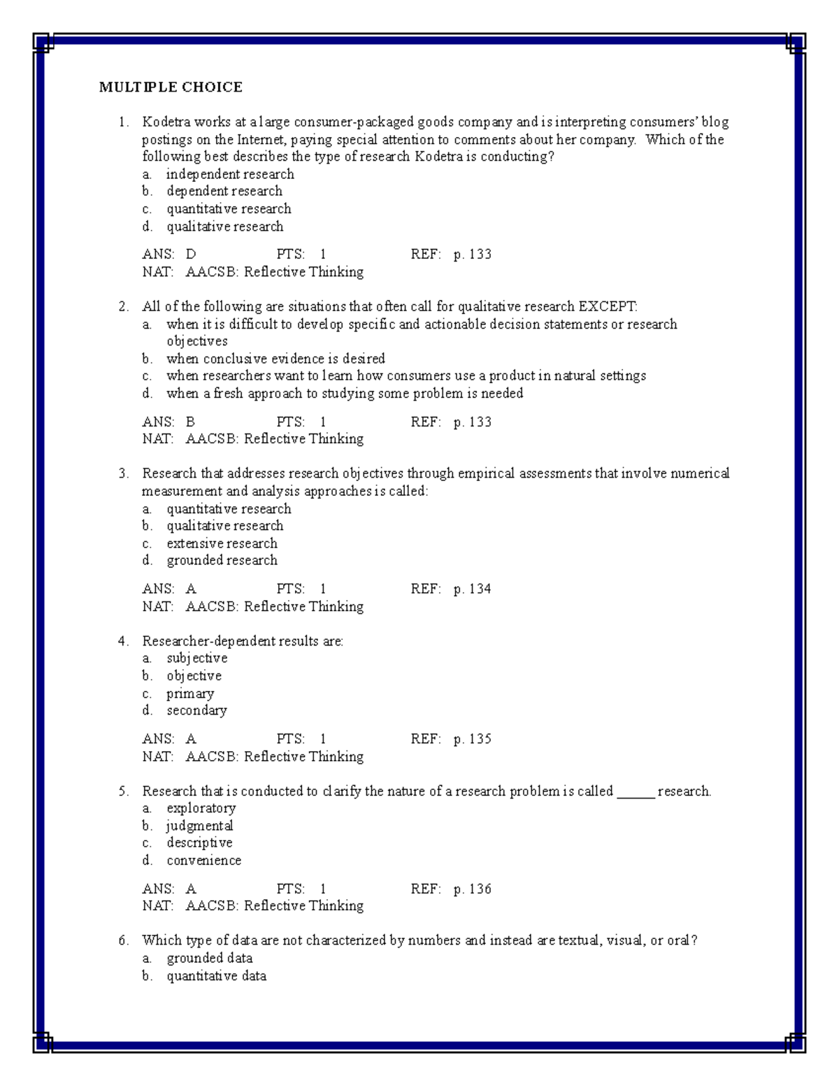 Chapter 7 - Qualitative Research Tools - MCQ & Answers - Studocu