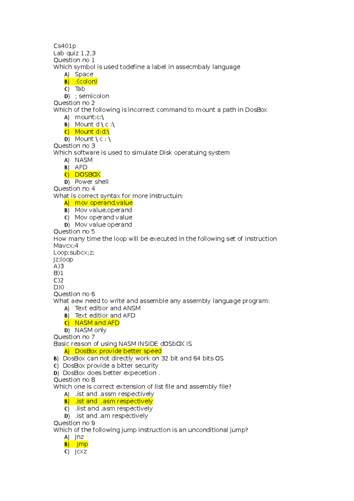 Cs401p - well - Cs401p Lab quiz 1,2, Question no 1 Which symbol is used todefine a label in ...