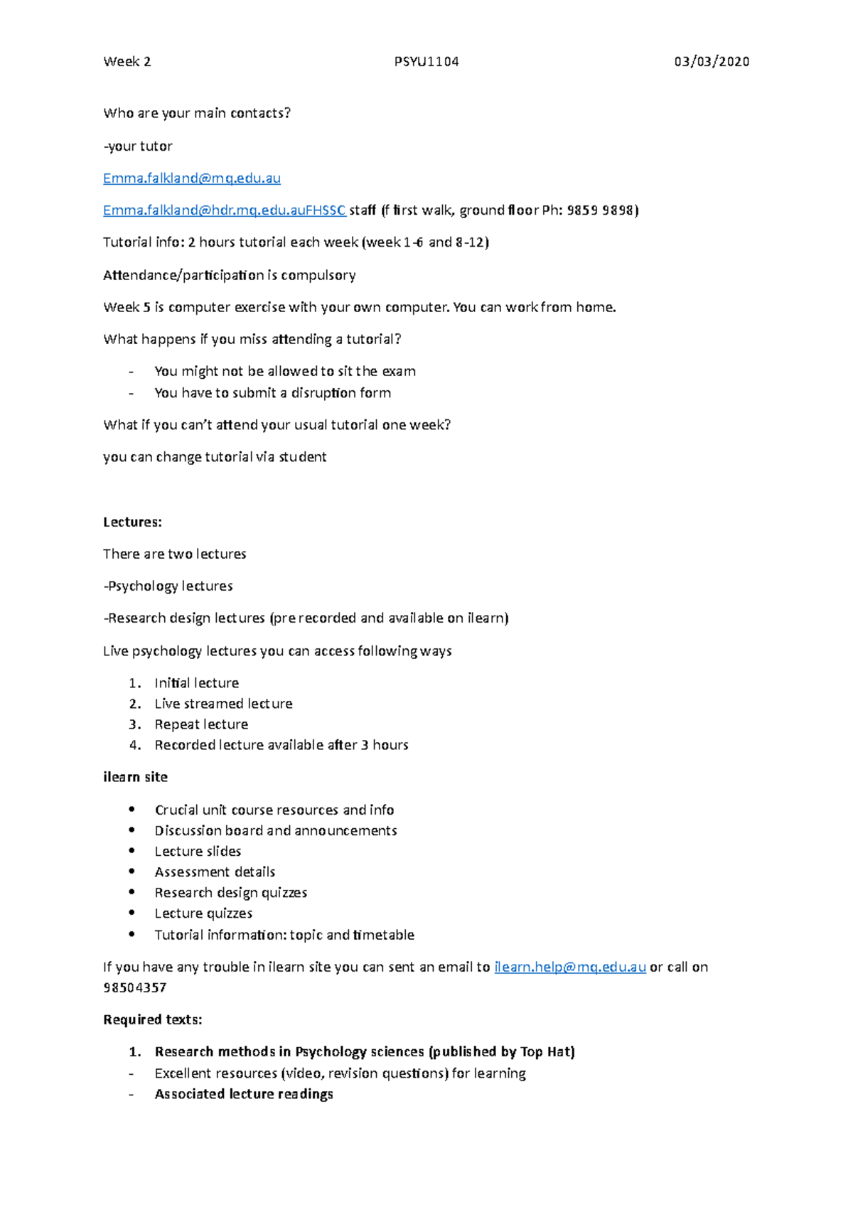 Week 2 - Detailed tutorial notes - Week 2 PSYU1104 03/03/ Who are your ...