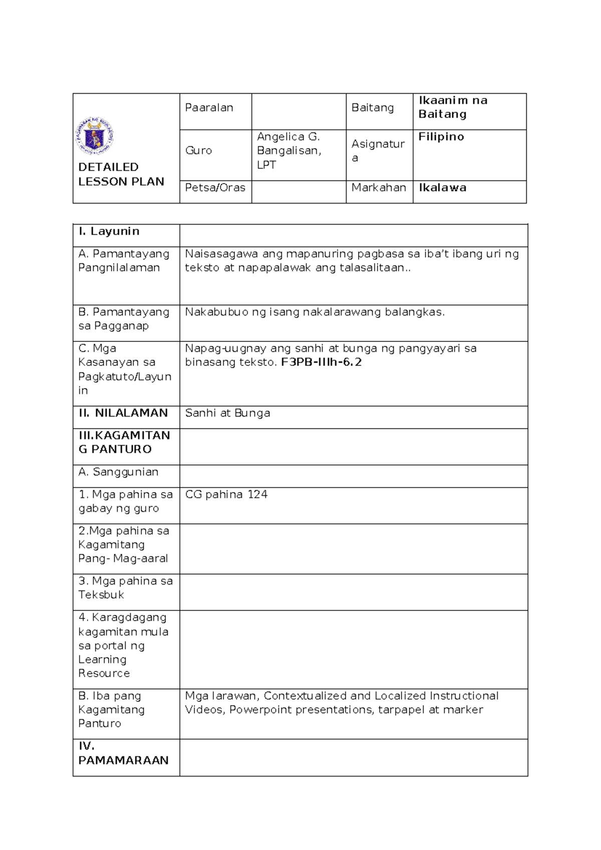 DLP - Filipino: Sanhi at Bunga Lesson Plan for Grade 6 - Studocu