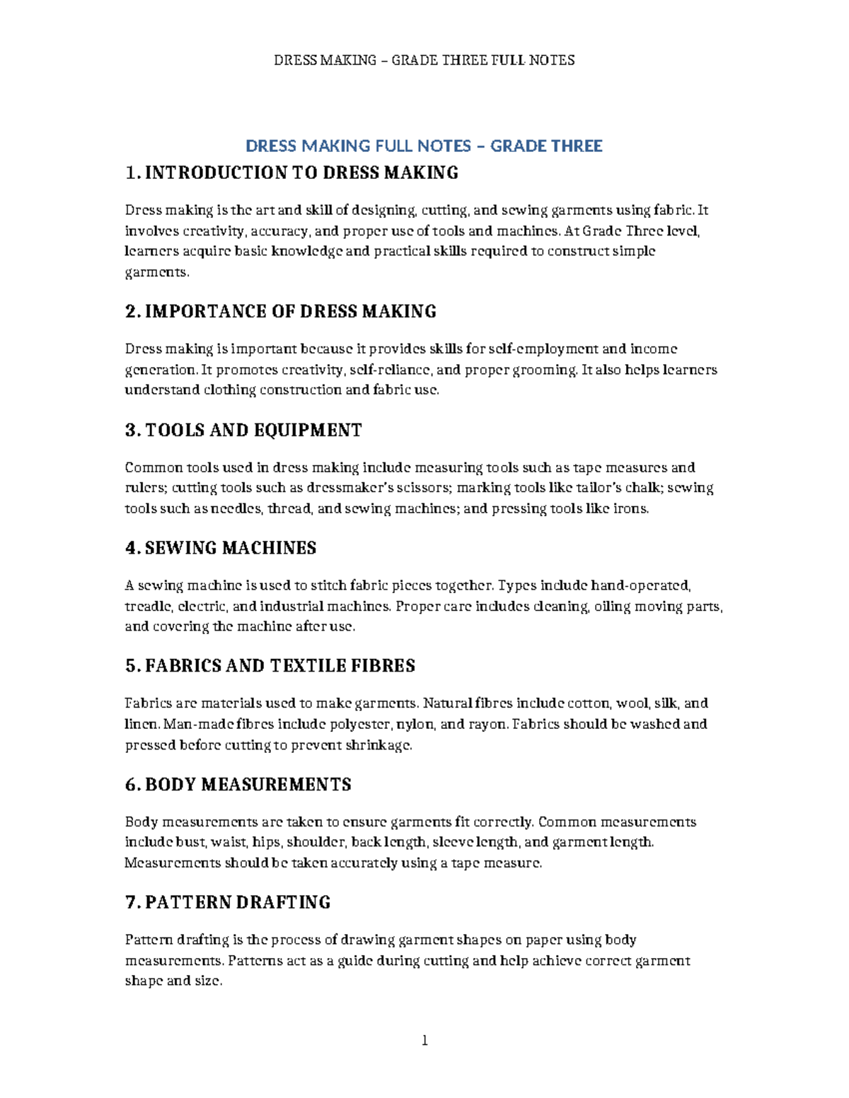 Dress Making Grade 3: Comprehensive Study Notes - Studocu