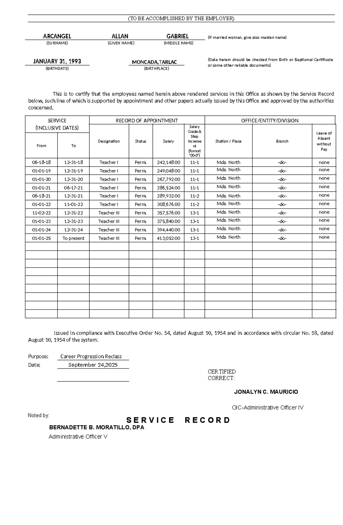 Service Record Certification for Teacher I - Allan (ARC 064317) - Studocu