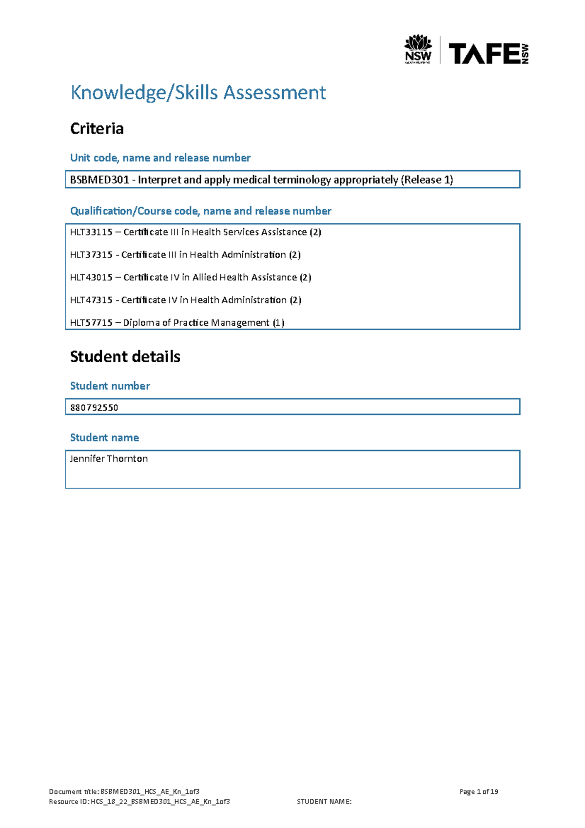 BSBMED301 - Medical Terminology Knowledge Assessment Assignment 1 - Studocu