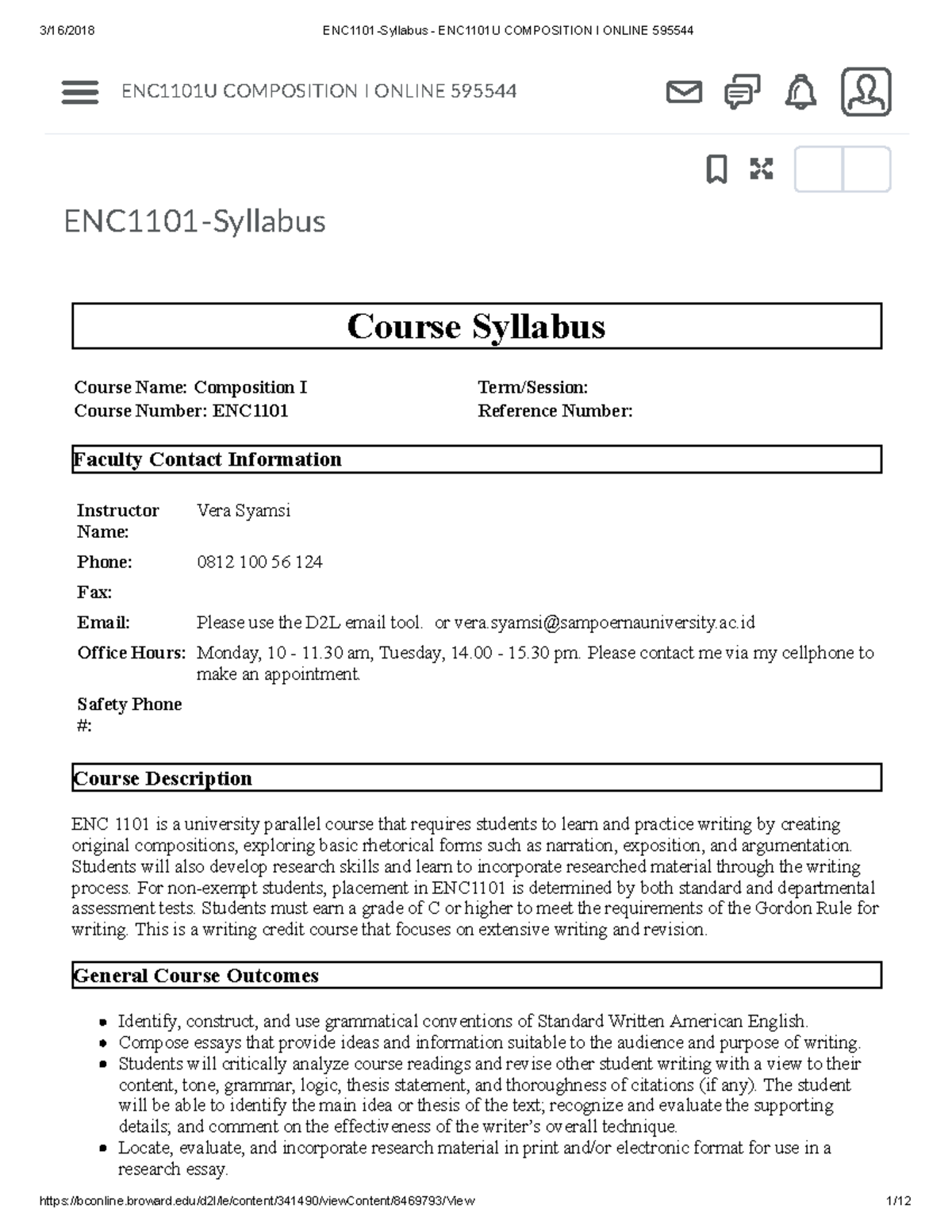 ENC1101 Syllabus: Composition I Online Course Details 595544 - Studocu