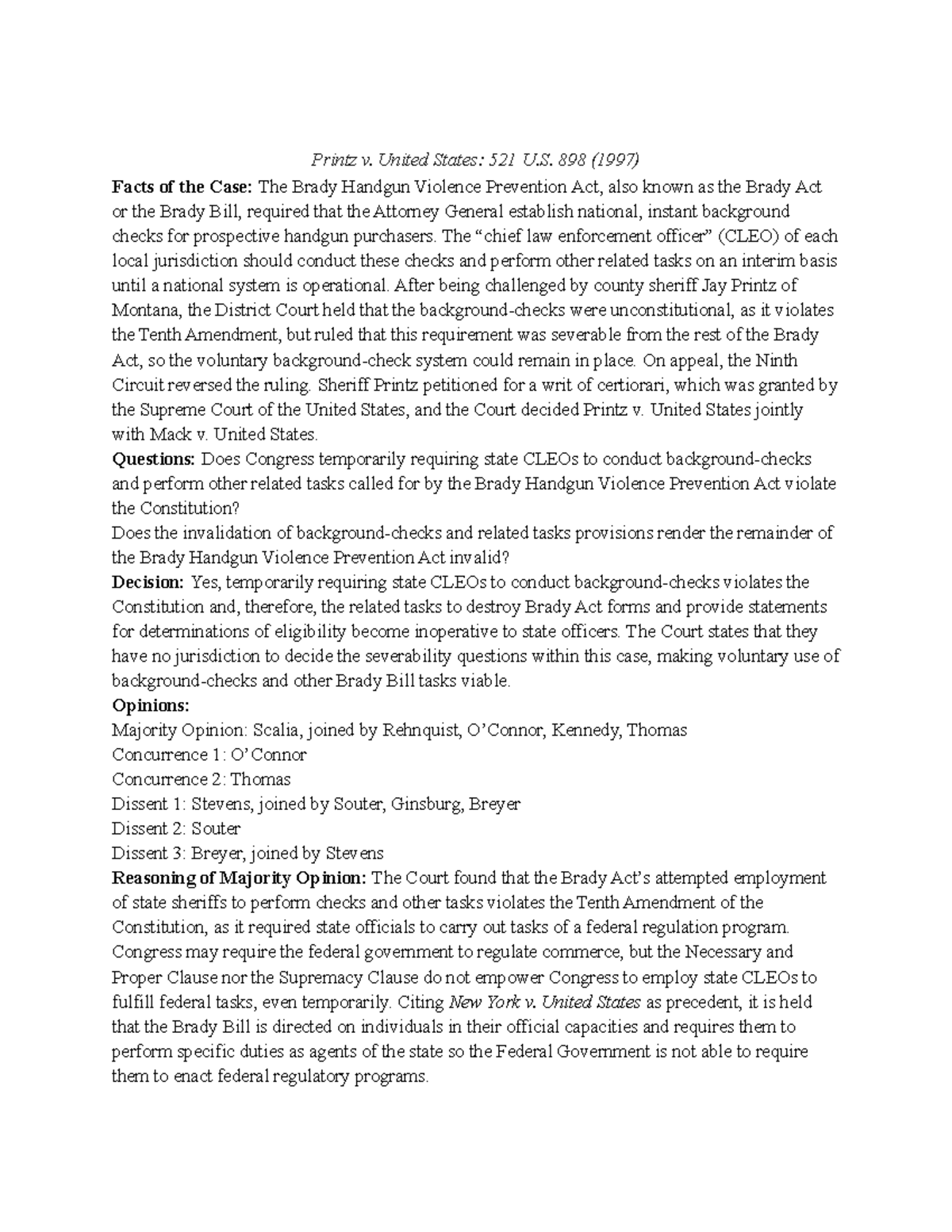 Case Brief 2 - Printz v. United States: 521 U. 898 (1997) Facts of the ...