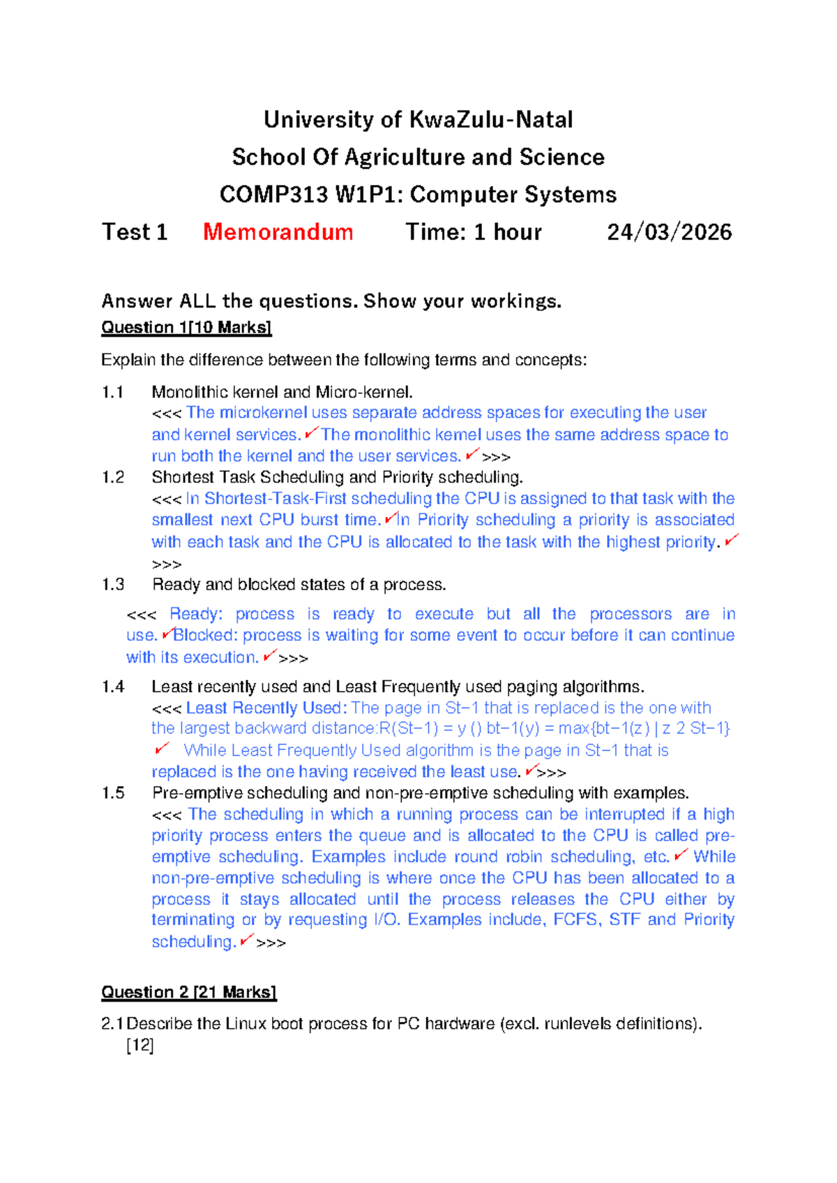 COMP313 W1P1: Computer Systems Test 1 Memorandum and Solutions - Studocu