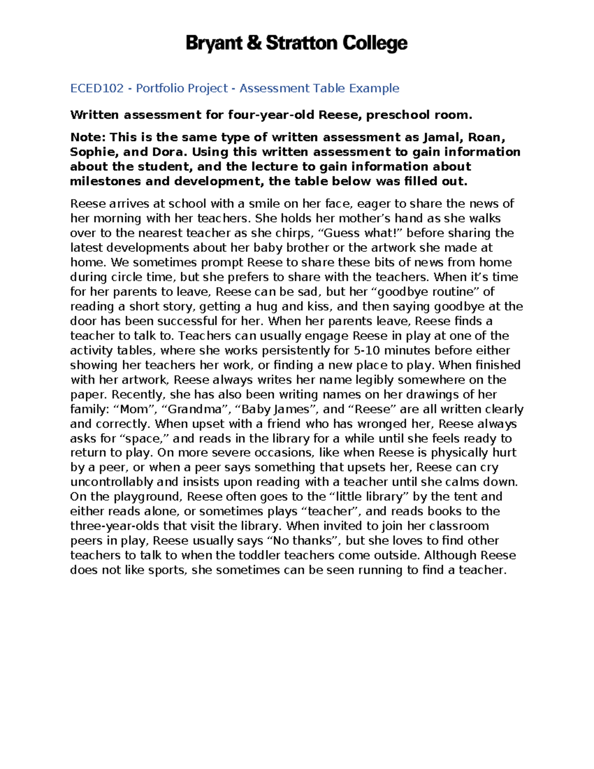 ECED102 - Portfolio Project: Assessment Table for Reese - Studocu
