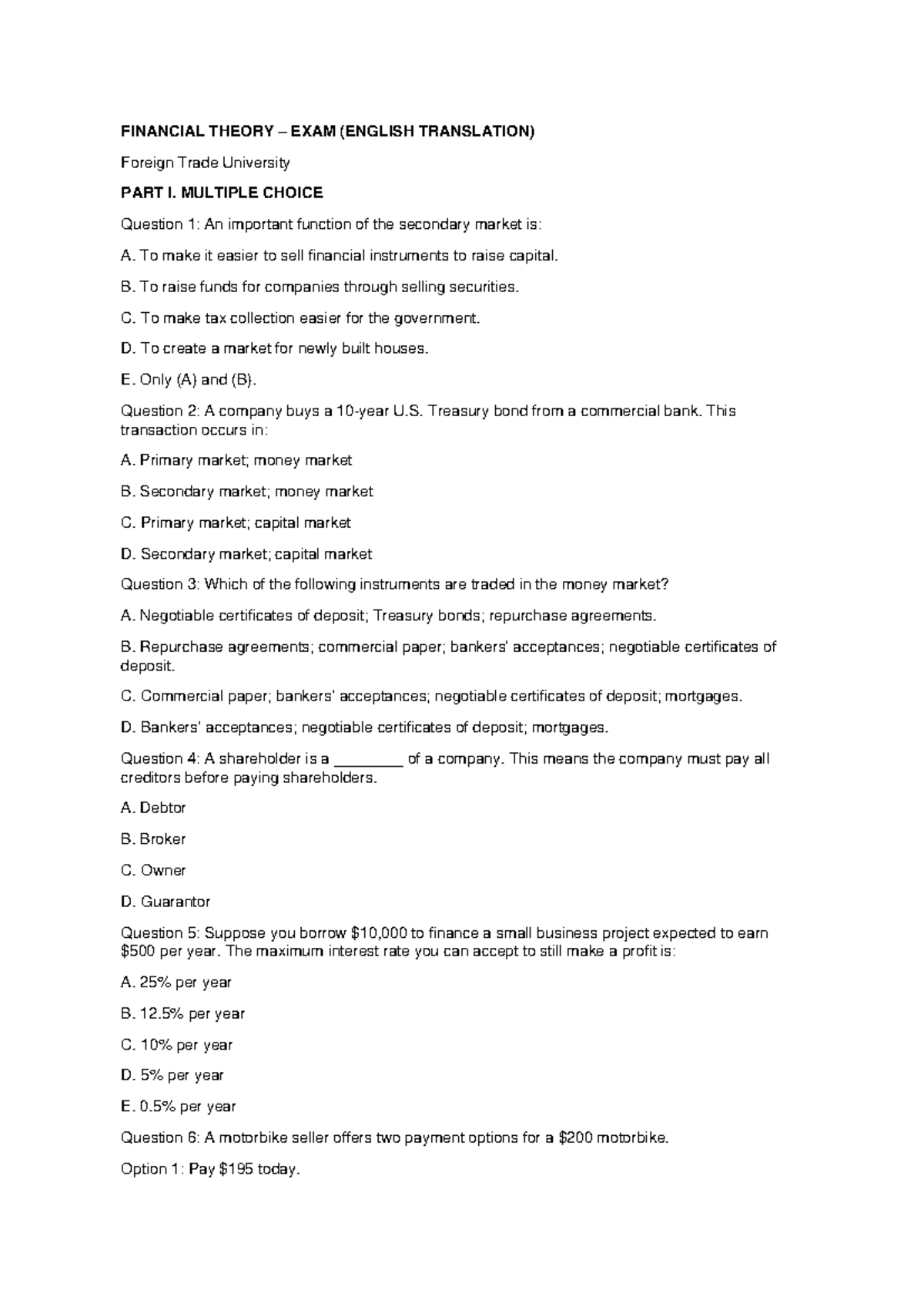 Financial Theory Exam (FIN 101) - Multiple Choice Questions - Studocu