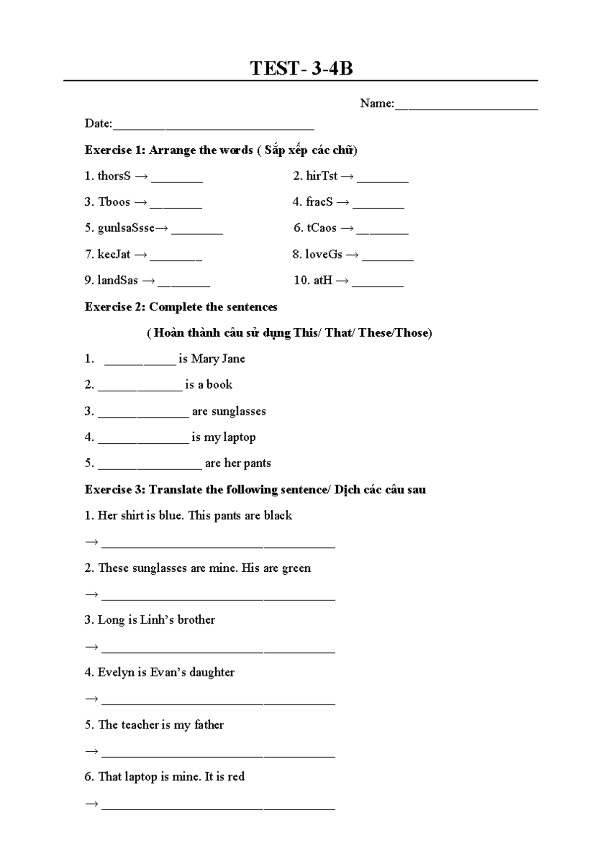 TEST-3,4B: Word Arrangement & Sentence Completion Exercises - Studocu