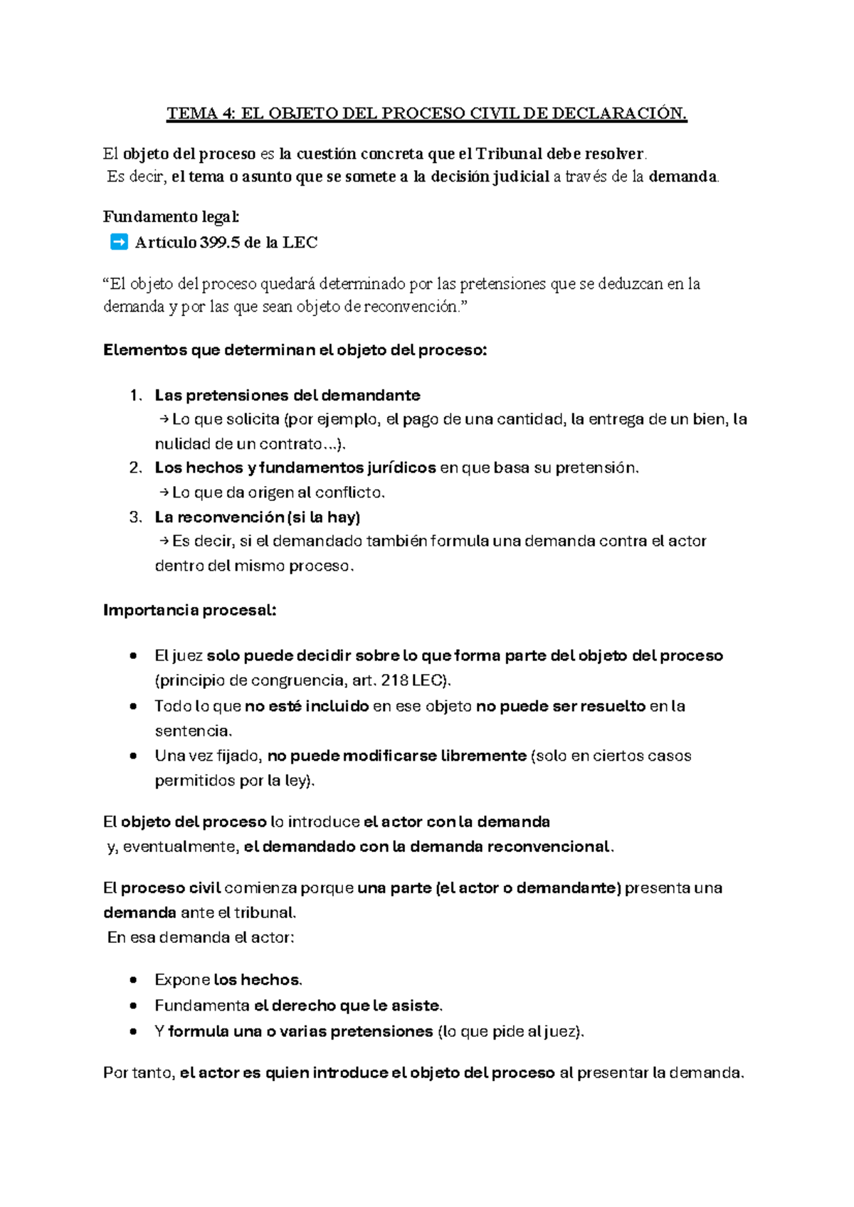 TEMA 4: EL OBJETO DEL PROCESO CIVIL DE DECLARACIÓN - LEC - Studocu