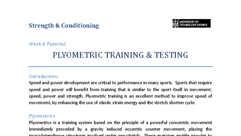 Week 7 Tutorial: Plyometric Training & Testing Techniques - Studocu