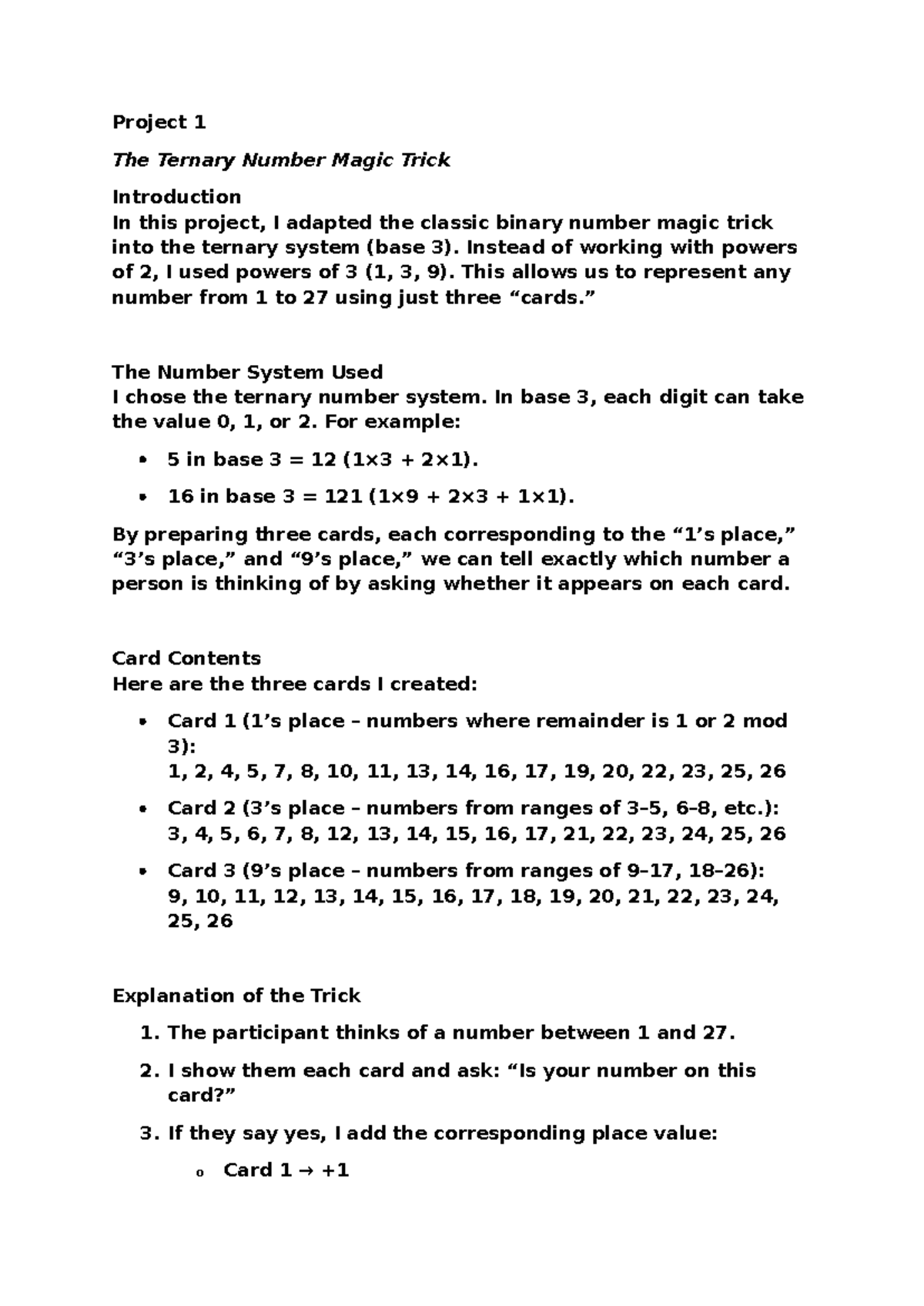 Project 1: Ternary Number Magic Trick Overview and Explanation - Studocu