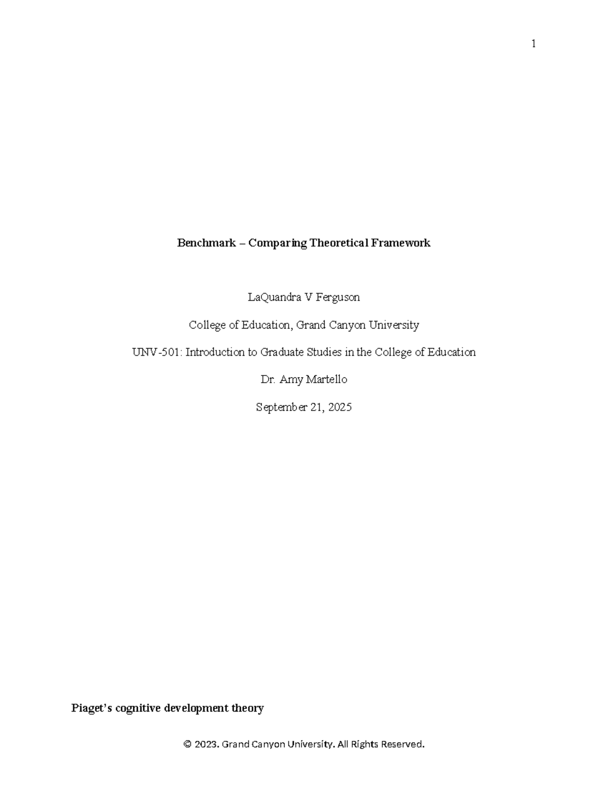 Benchmark ECE 501: Comparing Cognitive Development Theories - Studocu