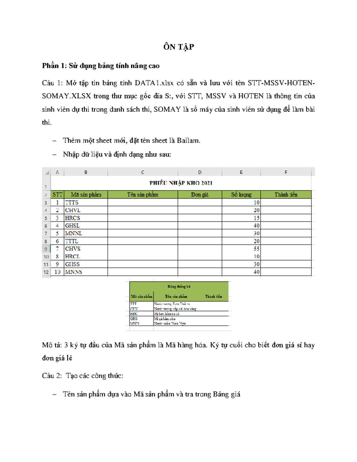 ON TAP CK DATA1 - Tài liệu ôn tập cuối kỳ môn tin học văn phòng nâng cao - ÔN TẬP Phần 1: Sử ...
