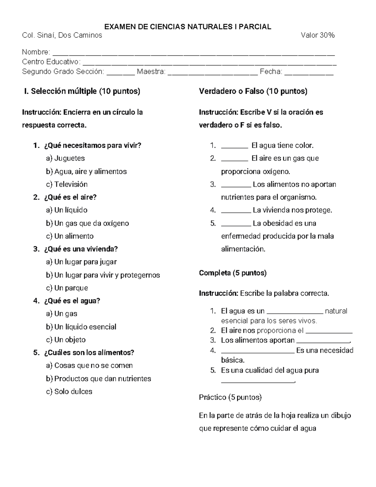 Examen de Ciencias Naturales I Parcial - Col. Sinaí, Segundo Grado ...