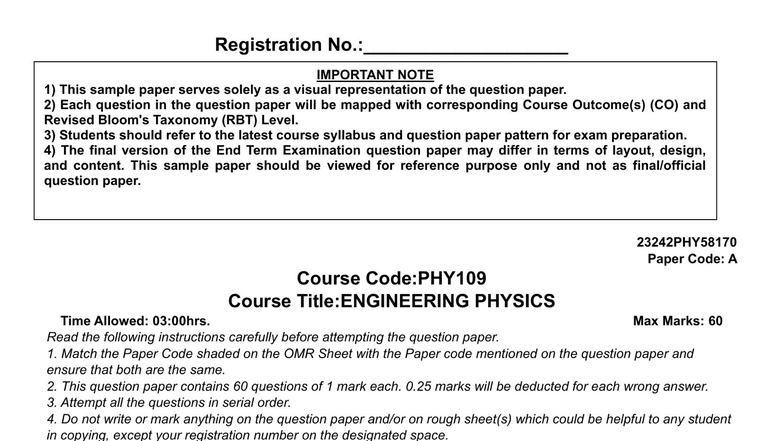 PHY109 Engineering Physics Sample Paper - Important Notes and ...