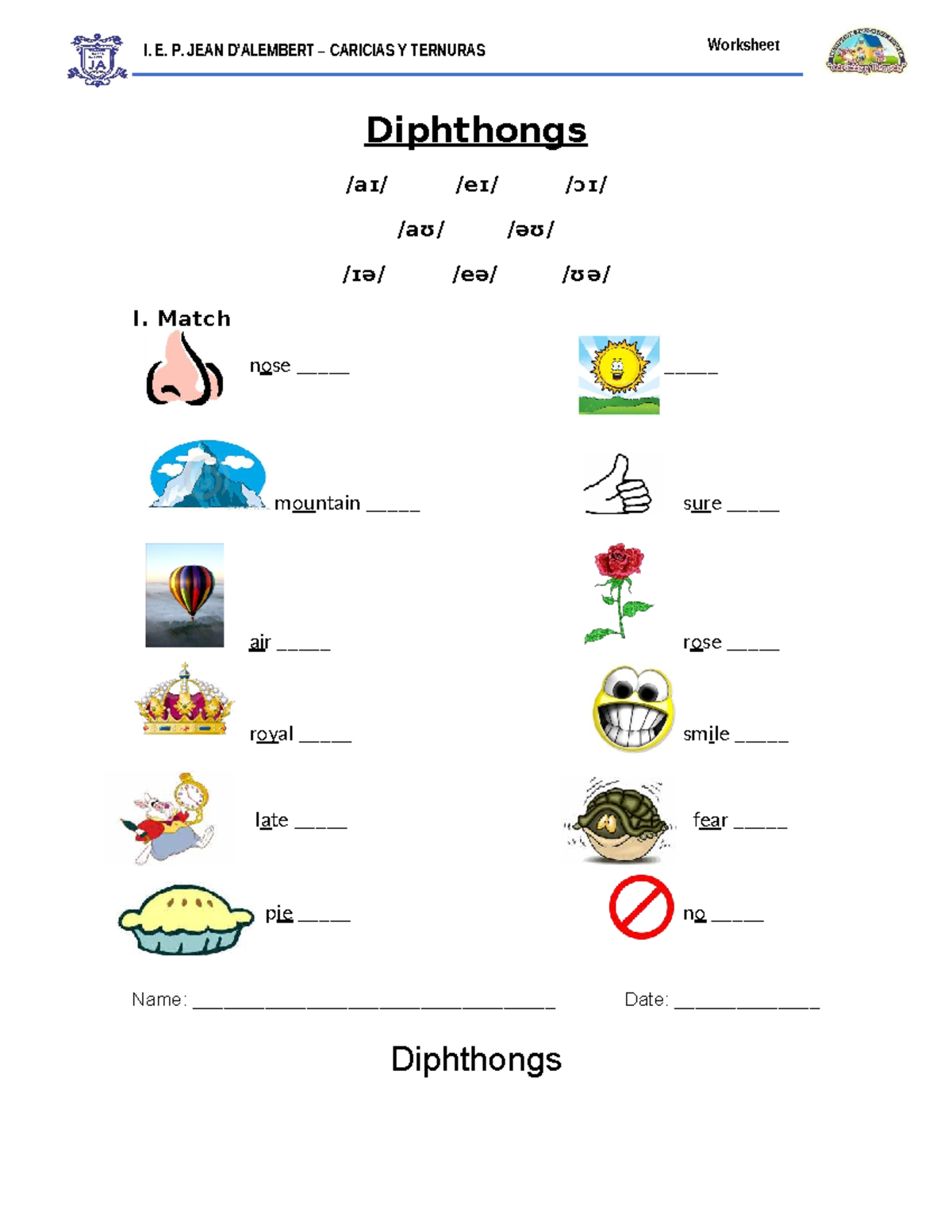 Diphthongs Worksheet I. E. P. JEAN CARICIAS Y TERNURAS - Studocu