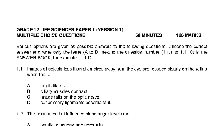 Grade 12 Life Sciences Paper 1 MCQ Practice Questions - Studocu