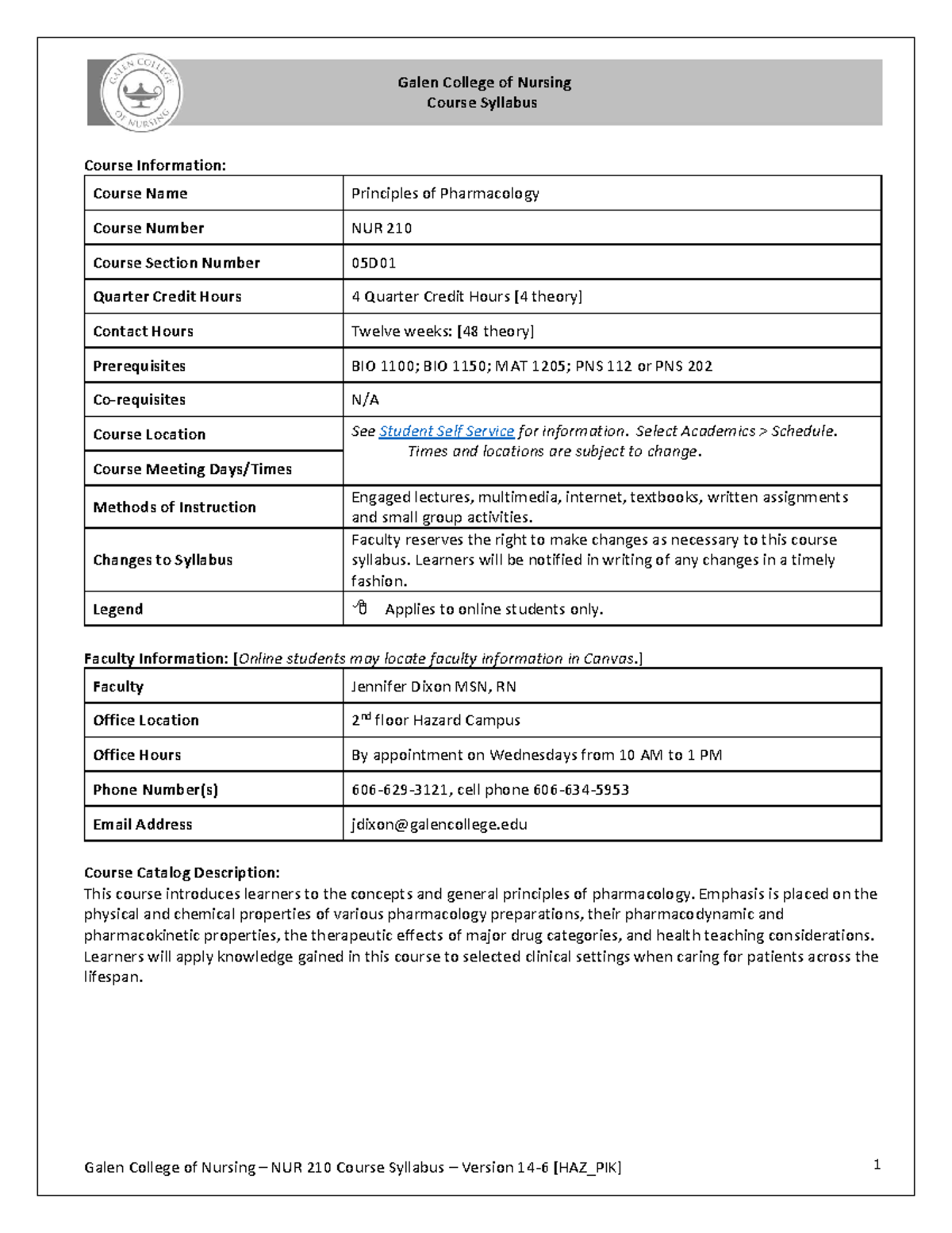 NUR 210 Principles of Pharmacology Course Syllabus - Summer 2026 - Studocu