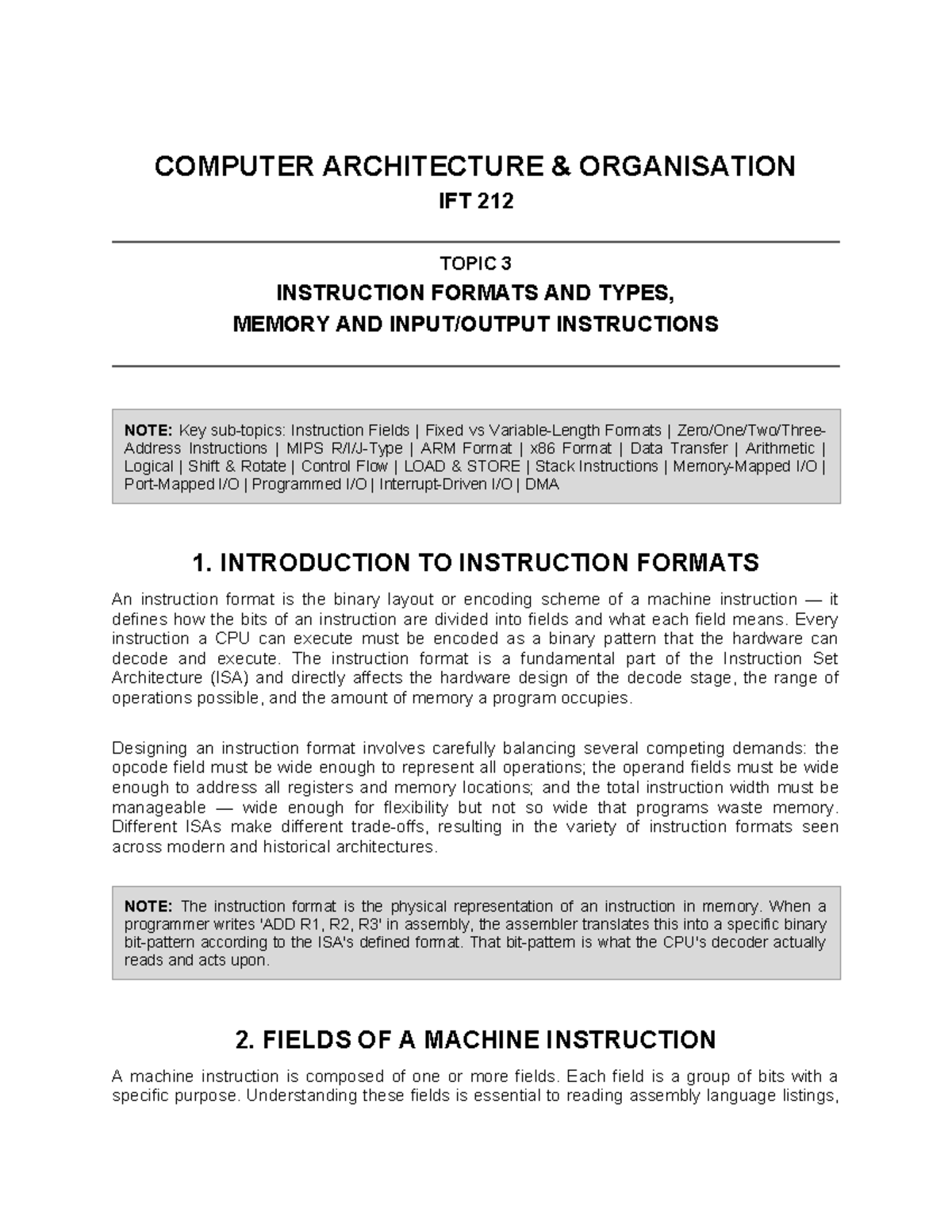 Instruction Formats and Memory I/O in Computer Architecture IFT 212 ...
