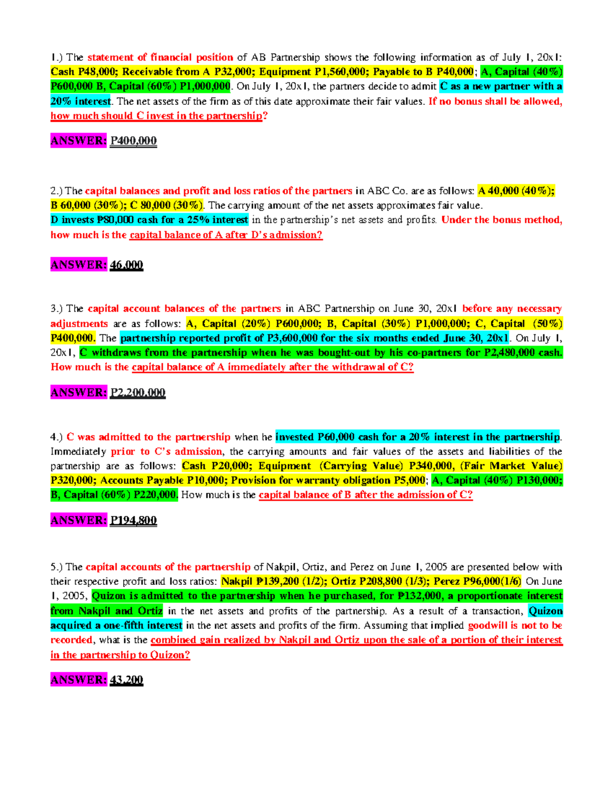 Quiz on Partnership Dissolution Concepts and Calculations - Studocu