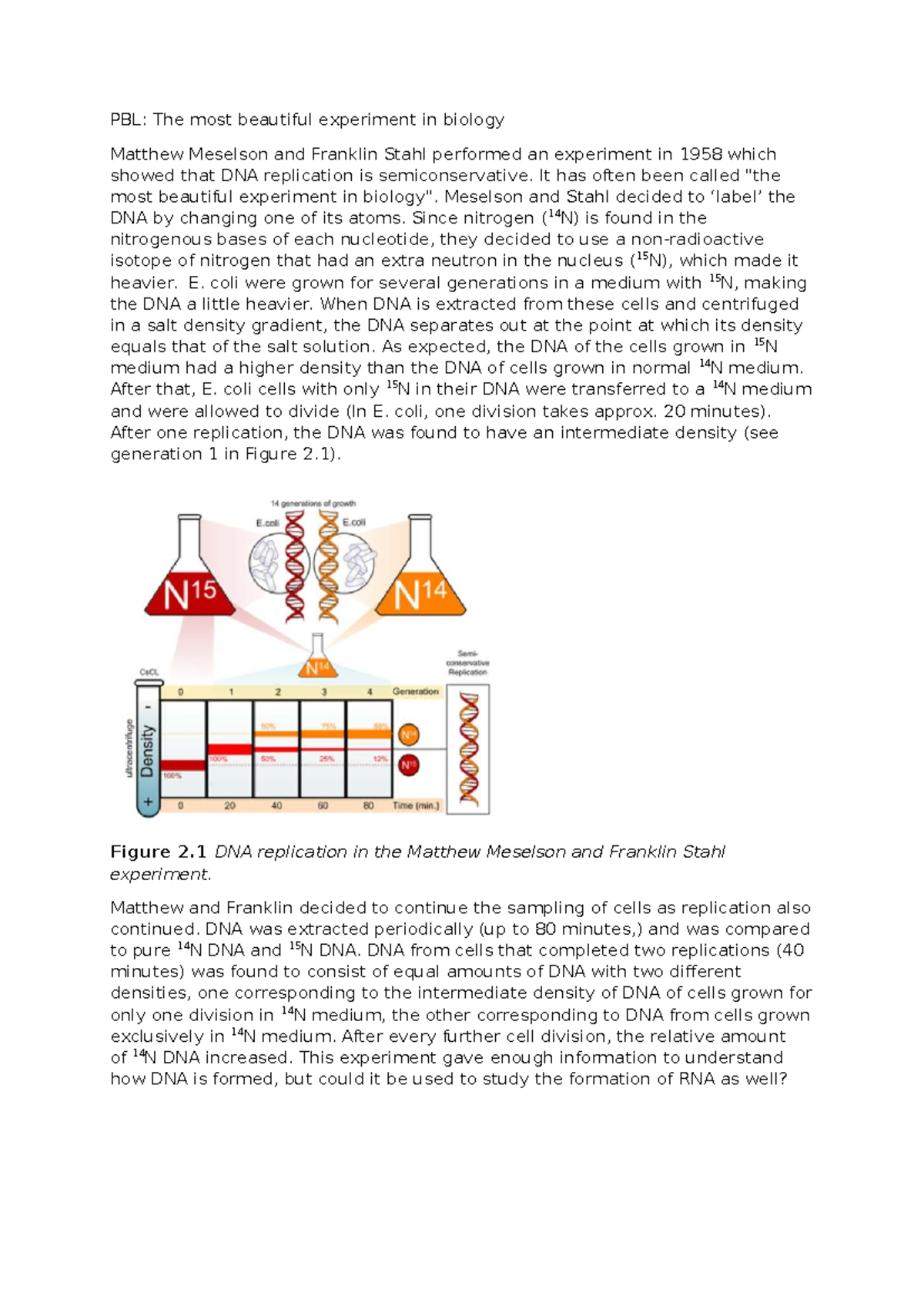 PBL: Meselson-Stahl Experiment on Semiconservative DNA Replication ...