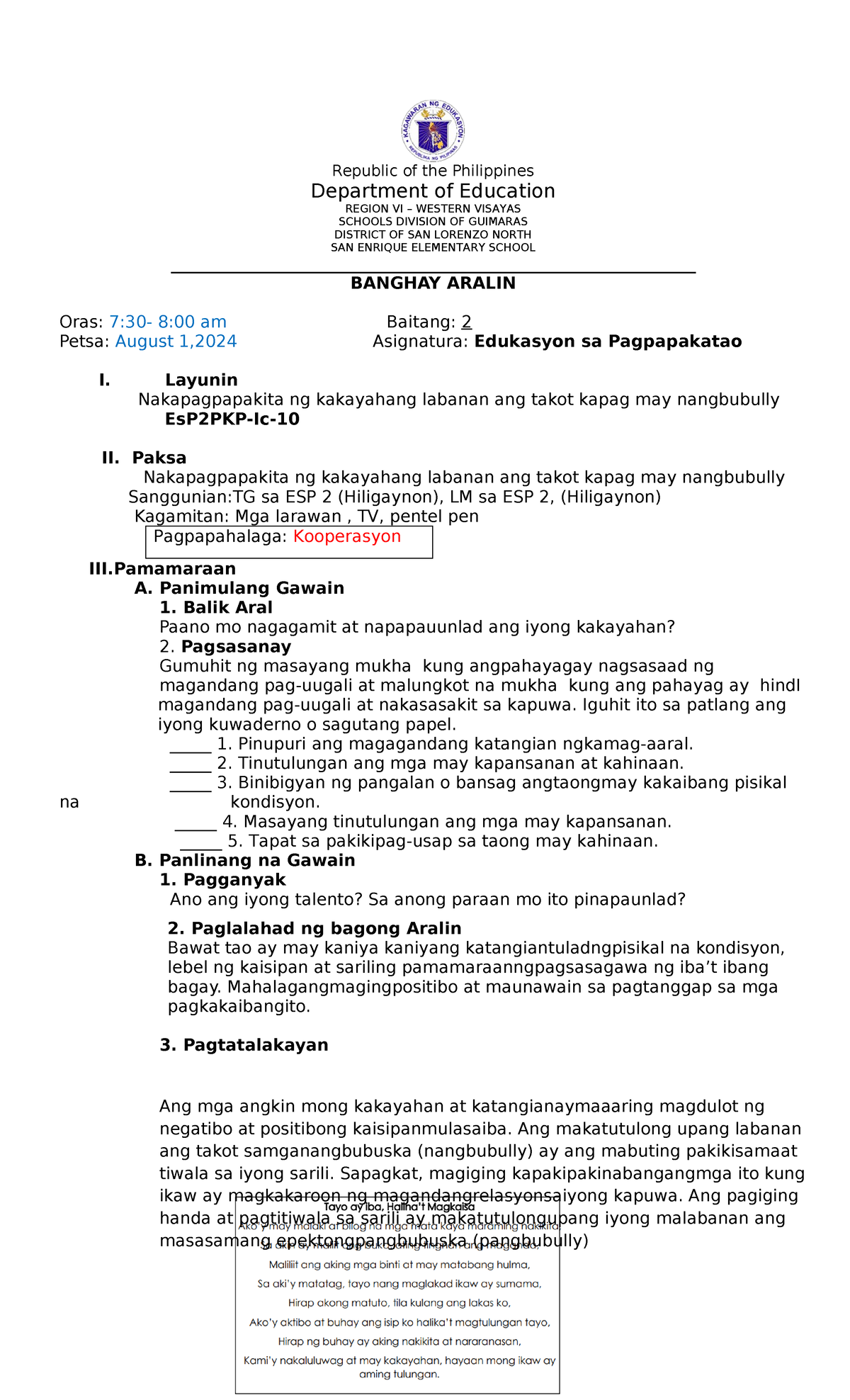 August 1-ESP - lesson plan in esp - Republic of the Philippines ...