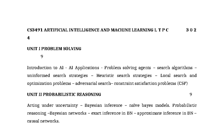 CS3491 Syllabus: Artificial Intelligence & Machine Learning - Studocu