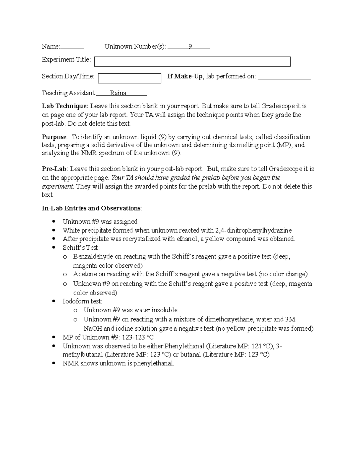 AAK Report - Name: Unknown Number(s): 9 Experiment Title: Section Day ...