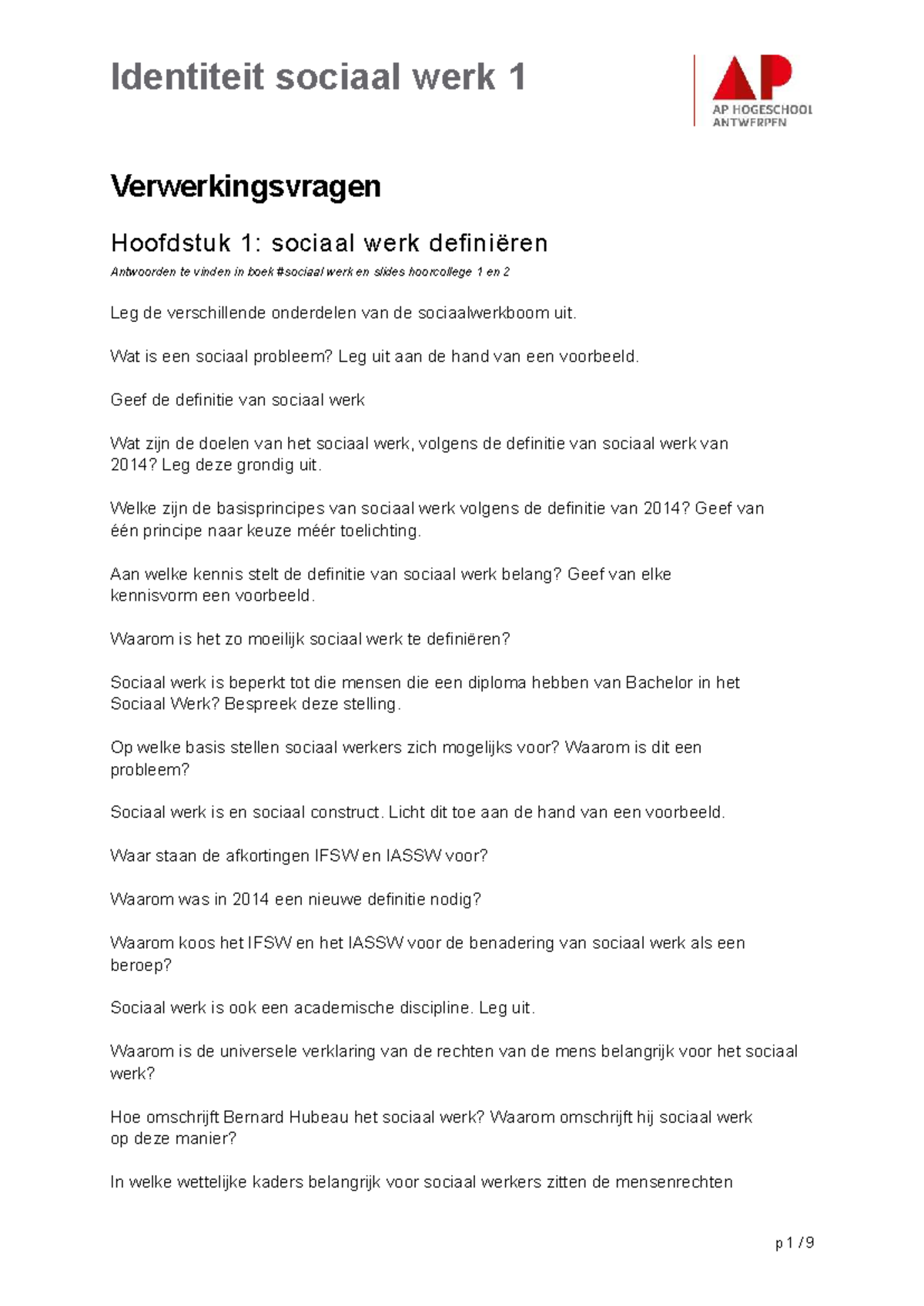 Verwerkingsvragen ID SW 1 2024-2025: Sociaal Werk Definitie en Context ...