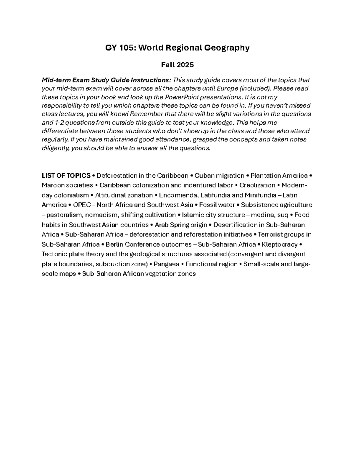 GY 105: World Regional Geography Fall 2025 Midterm Exam Study Guide ...
