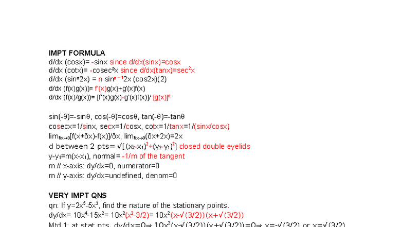D6: Important Formulas for Stationary Points and Tangents - Studocu