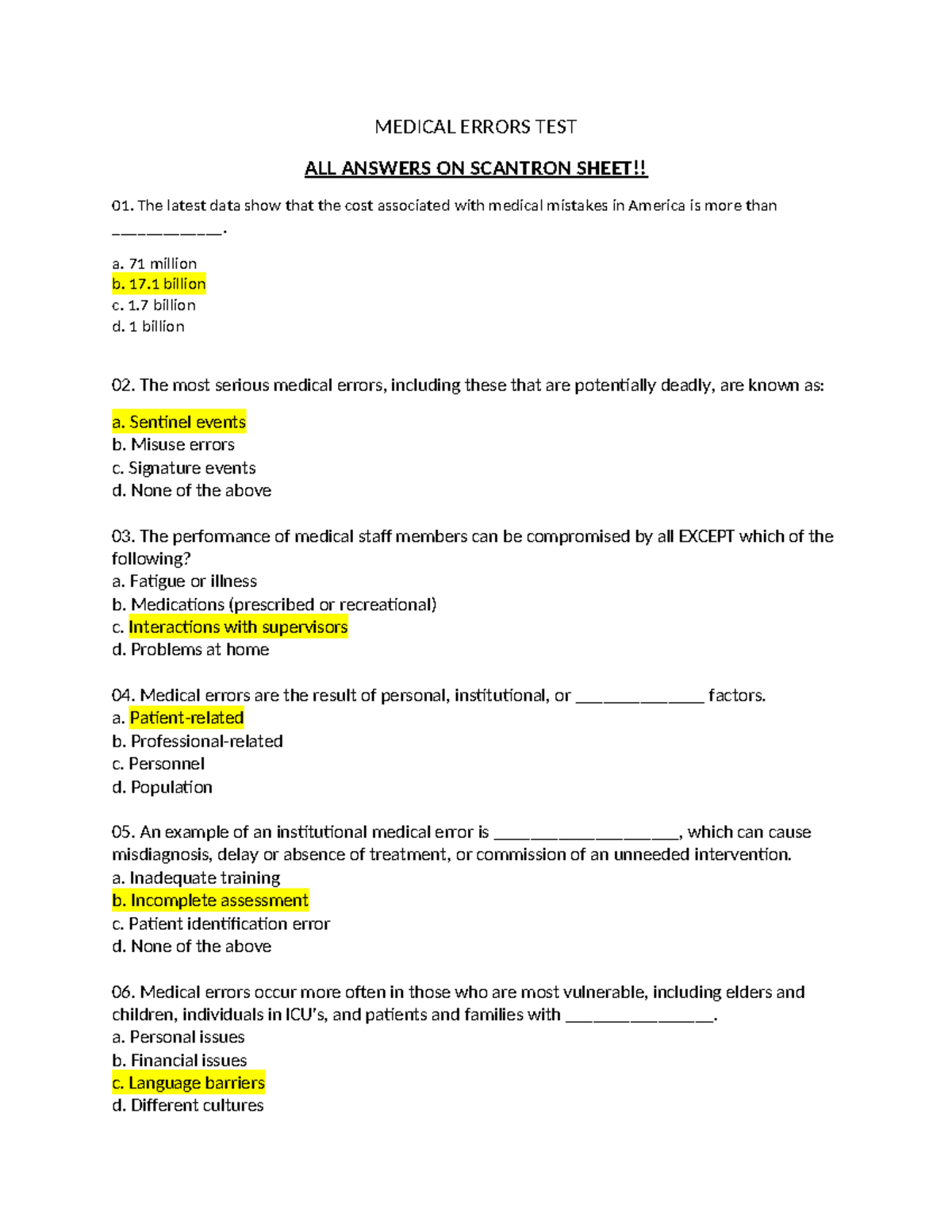 MEDICAL ERRORS TEST: ALL ANSWERS ON SCANTRON SHEET! - Studocu