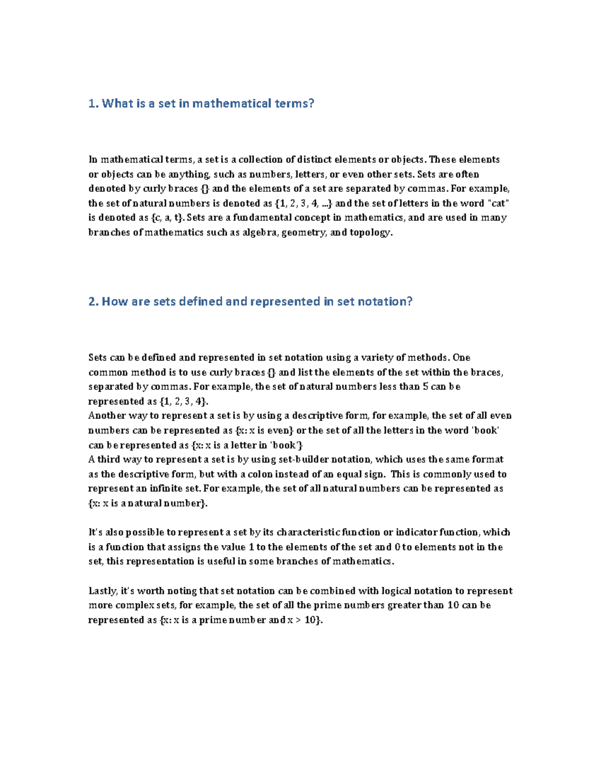 Maths set theory 1 - 1. What is a set in mathematical terms? In ...
