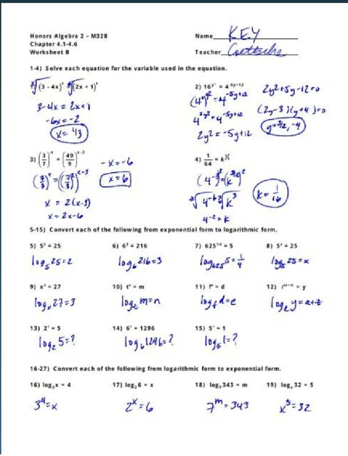 Honors Algebra 2 M328 Chapter B Worksheet: Solving Equations & Logs ...
