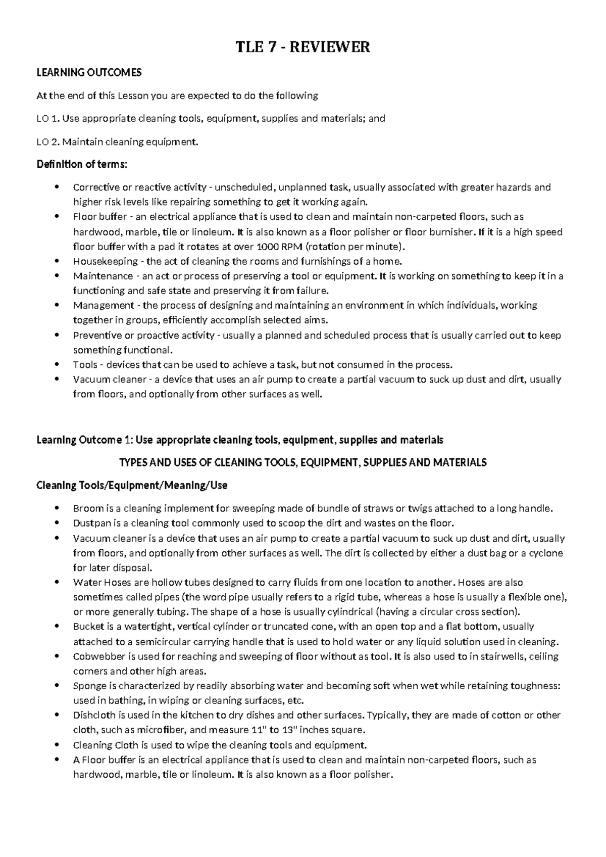 TLE-7: Comprehensive Lecture Notes on Cleaning Tools and Safety - Studocu