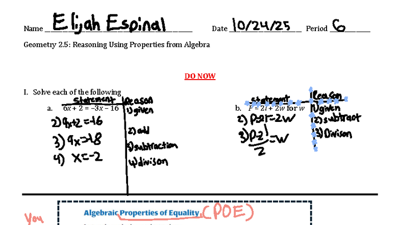 Geometry 2.5: Reasoning Using Algebra Properties - Blank Notes - Studocu