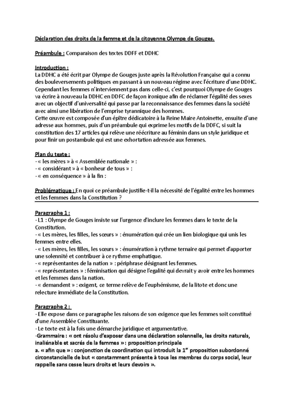 BAC Texte Préambule Olympe de Gouges - Déclaration des droits de la ...