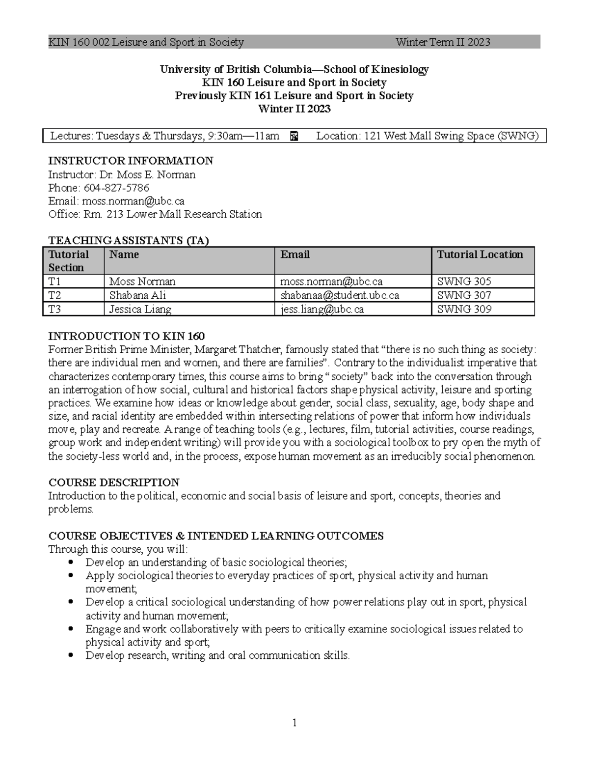 KIN 160 Course Outline: Leisure and Sport in Society - Winter II 2023 ...