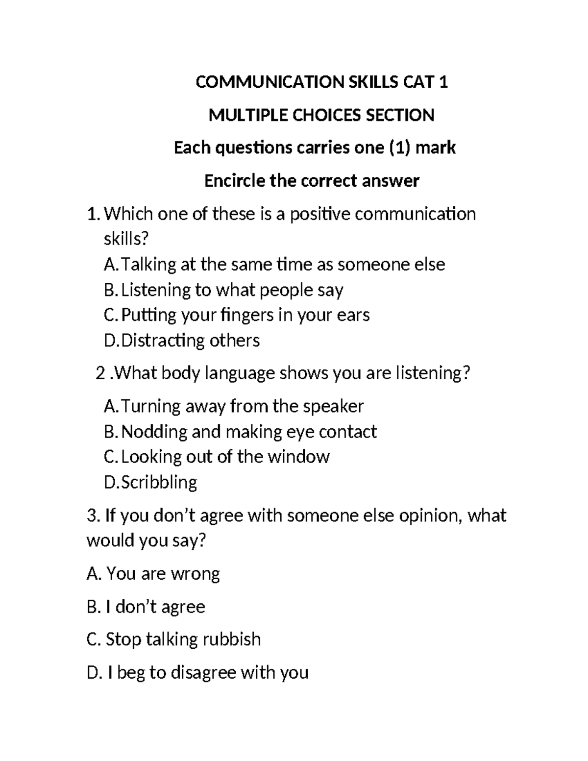 COMMUNICATION SKILLS CAT 1 MULTIPLE CHOICE QUESTIONS - Studocu