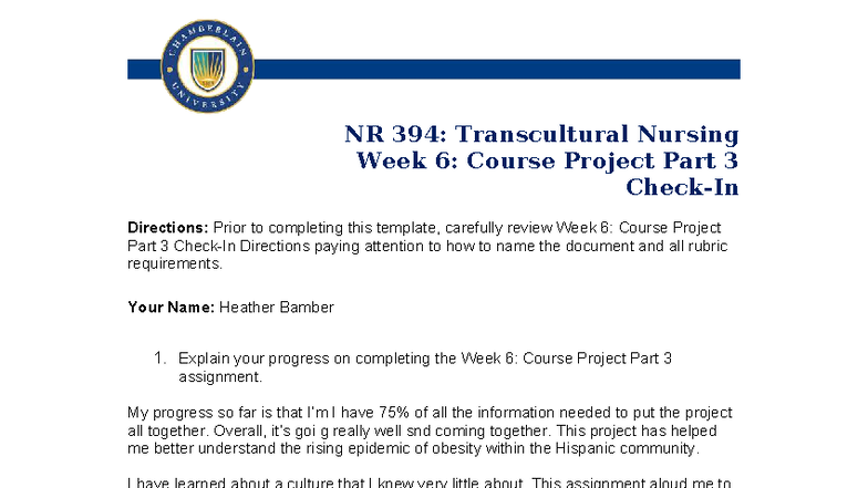 NR 394: Week 6 Course Project Part 3 Progress Check-In - Studocu